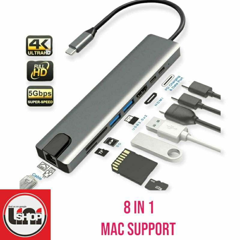 Jual Converter Type C Hub USB C to Multiport Thunderbolt 8 in 1 macbook ...