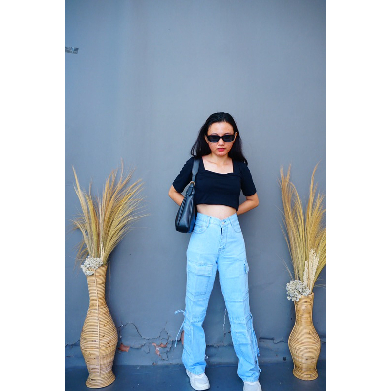 Jual JulAg - Highwaist cargo jeans light blue premium | Shopee Indonesia