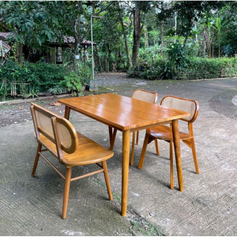 Jual MEJA MAKAN ROTAN KAYU JATI 140X80CM BANGKU 120CM TEBAL MEJA 3CM | Shopee Indonesia