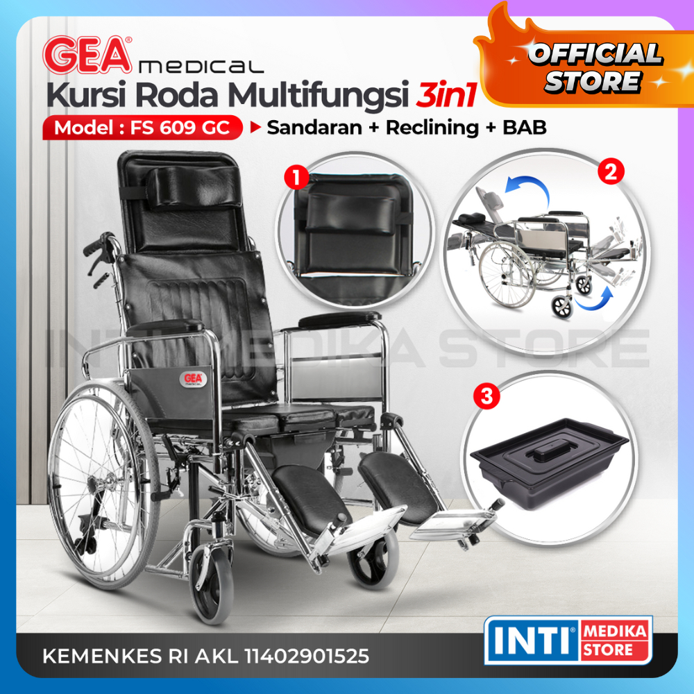 Jual GEA - Kursi Roda 3In1 Sandaran Kepala + Miring + Commode Chair 609 ...