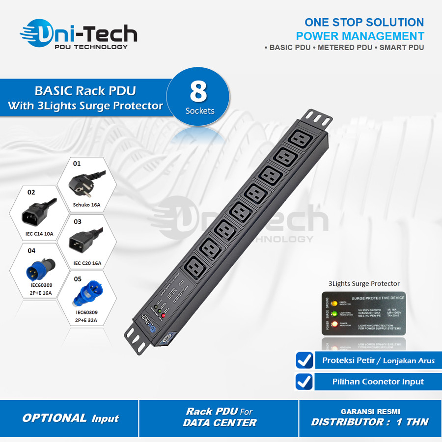 Jual PDU Socket C19 - 8 Outlet / Holes / Ports with 3LSP (Light Surge Protection) And Optional ...