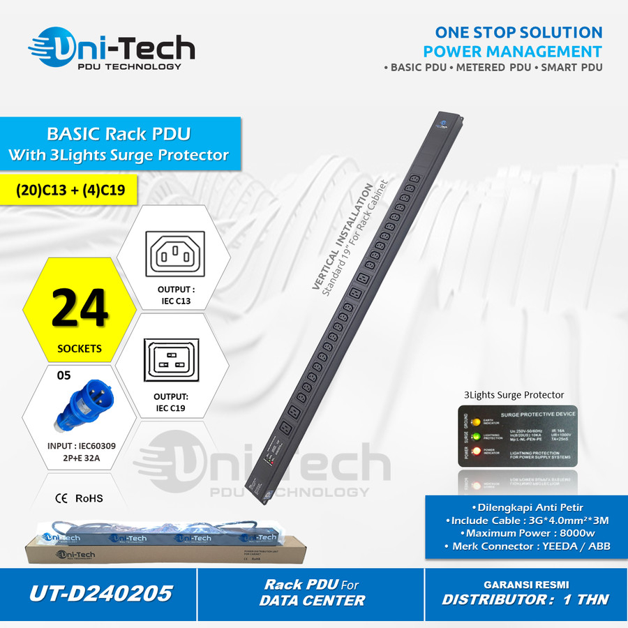 Jual PDU 24 Socket (20)C13 + (4)C19 with 3LSP (light Surge Protection ...