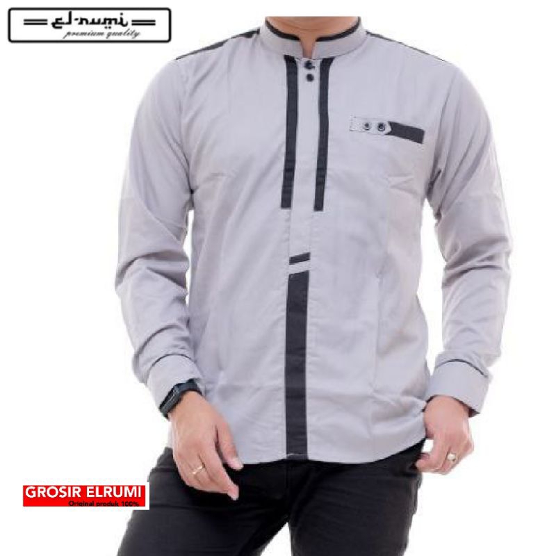 Jual Baju koko muslim elrumi koko kombinasi khatulistiwa coklat putih | Shopee Indonesia