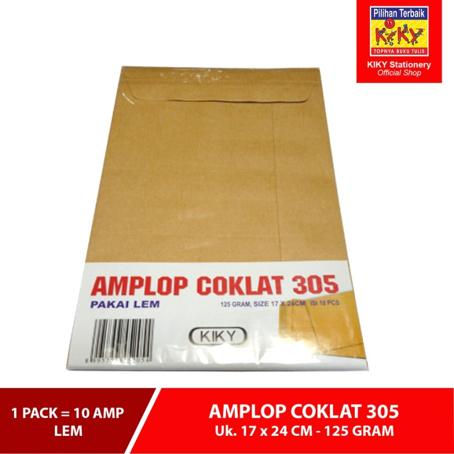 Jual Amplop Coklat Lem Kiky 305 Kraft Envelope 125 gsm 17x24 cm Isi 10 ...
