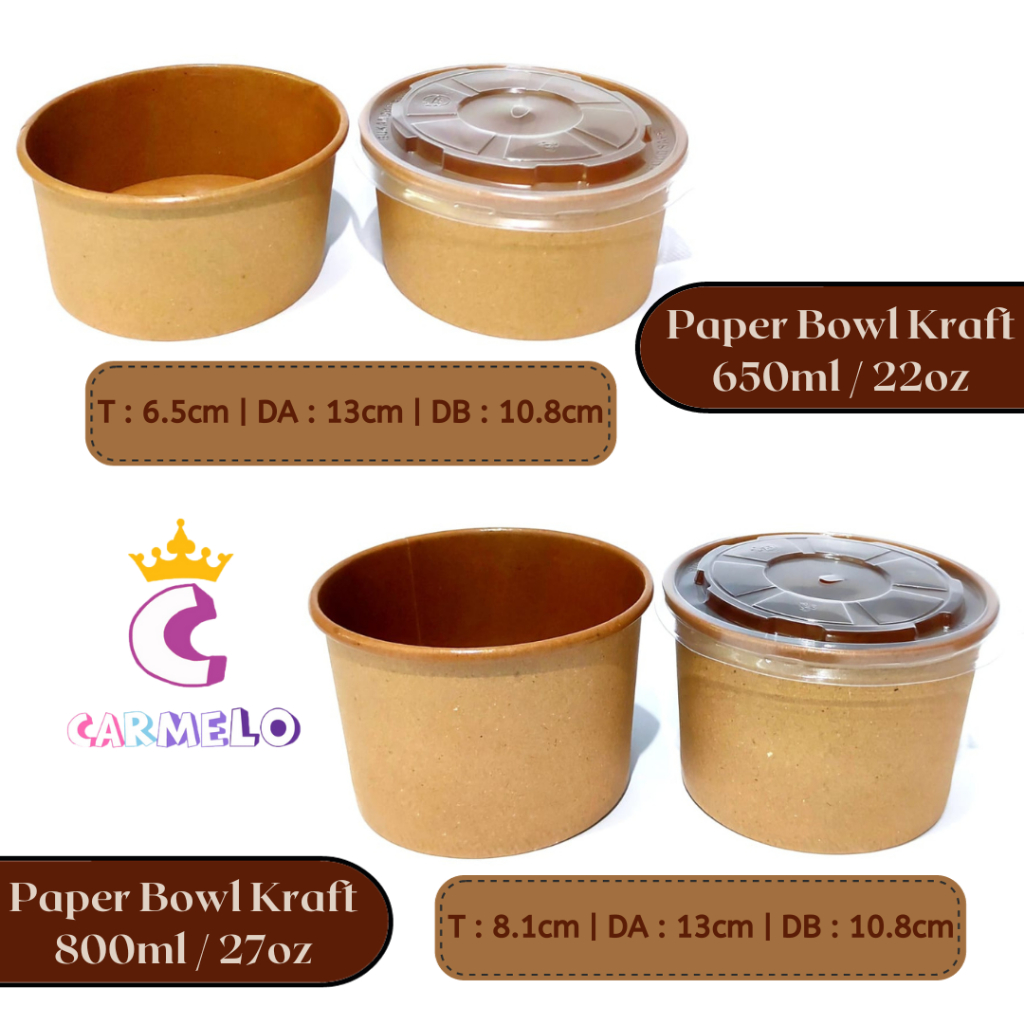 Jual Paper Bowl Kraft Coklat Laminasi 650ml 800ml Isi 25pc / Mangkok Kertas + Tutup / Paper Rice ...