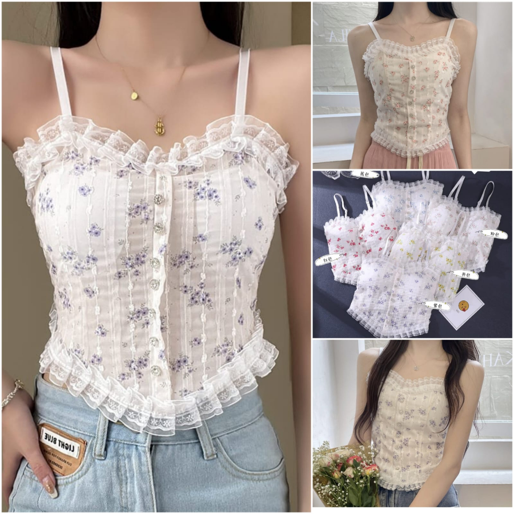 Jual Tank Top With Cup Bra Motif Bunga Vintage Fit M-XL/ Crop Top With ...