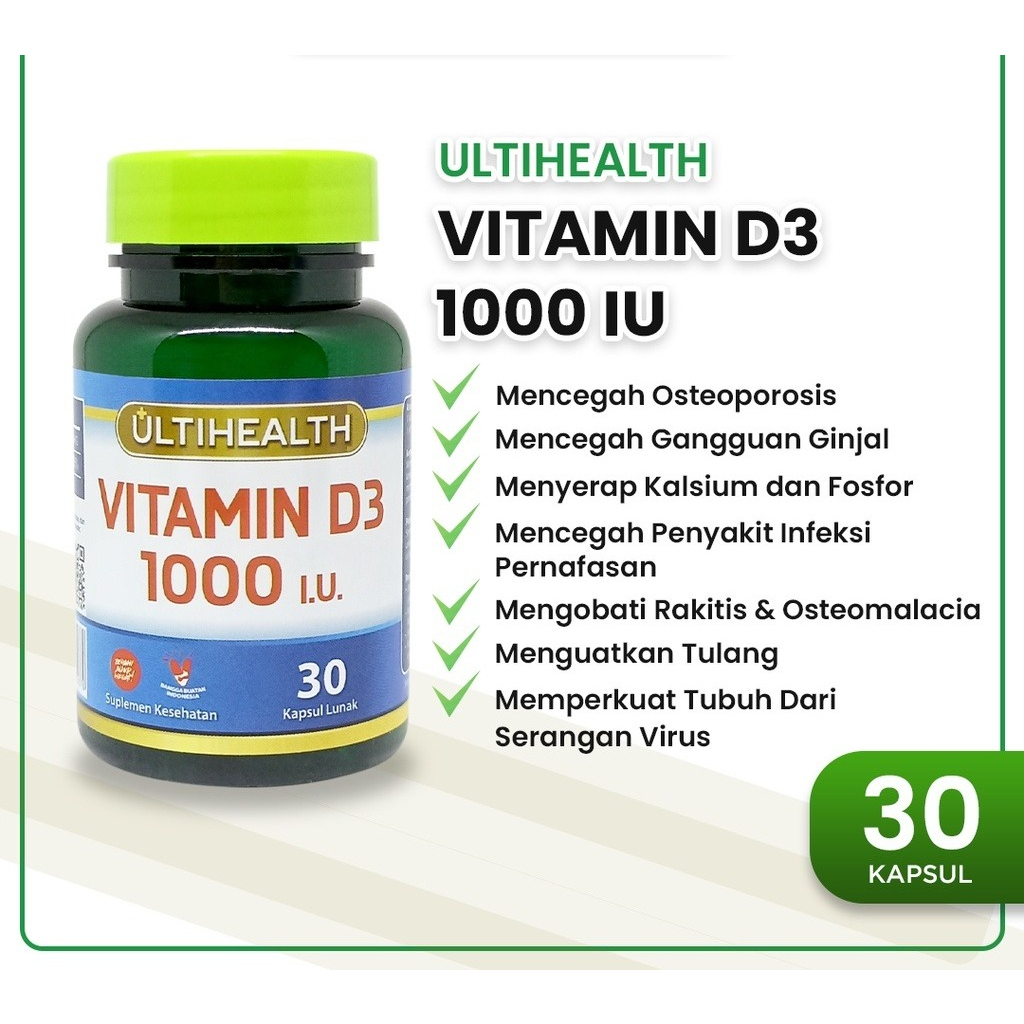 Jual ULTIHEALTH VITAMIN D3 1000 IU 1 BOTOL ISI 30 KAPSUL LUNAK | Shopee ...