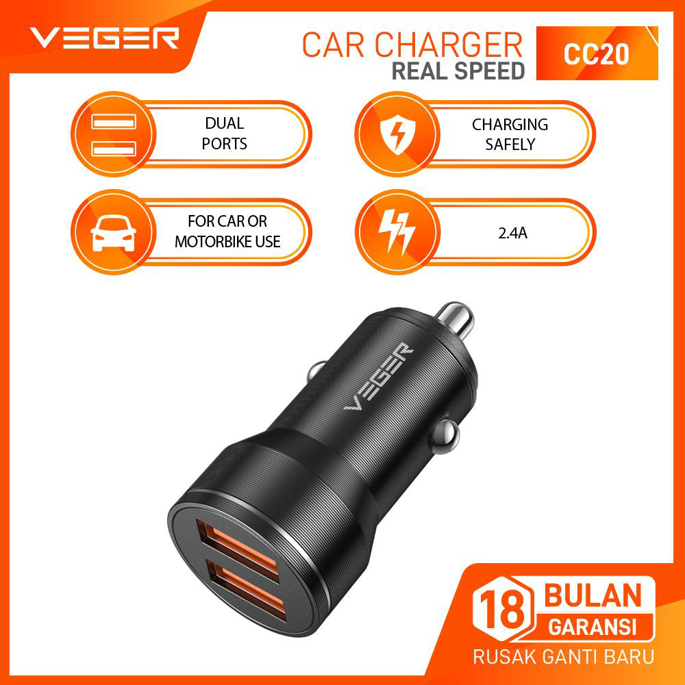 Jual VEGER CC20 Car Charger Mobil 2.4A Dual Port USB Output | Shopee ...