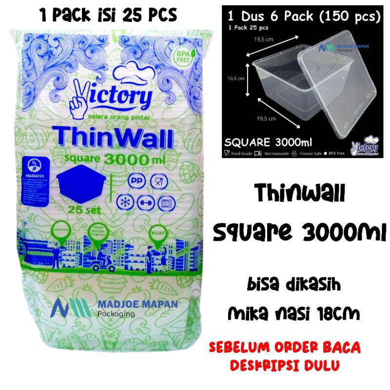 Jual Isi 25 Pcs Thinwall Square 3000ml Victory Food Container Box