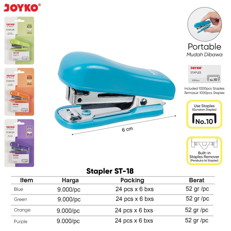 Jual ( 1set ) ST18 Stapler Kecil Set Joyko / Stepler MINI Set ST-18 Color memakai isi Stapler no ...