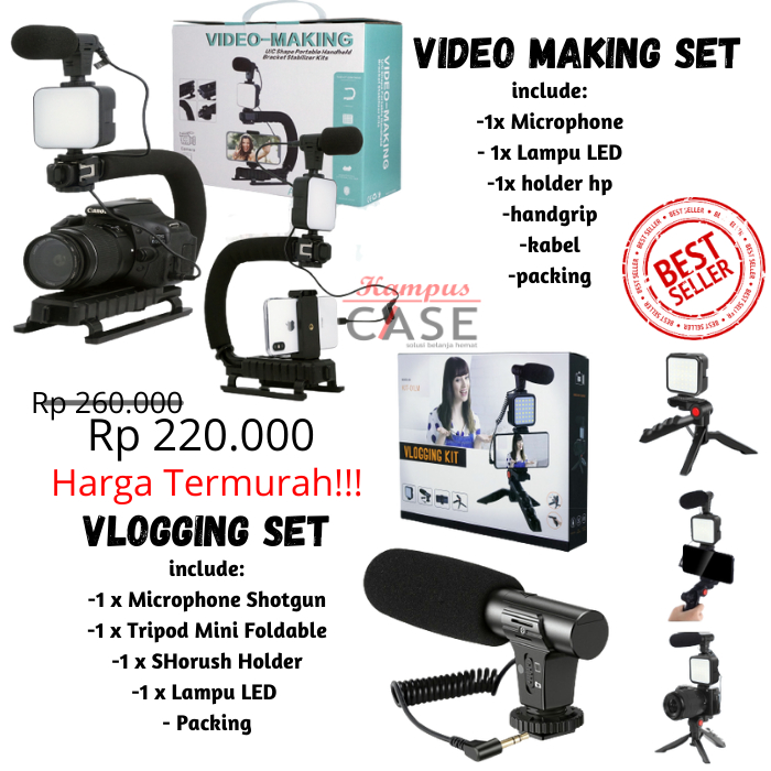 Jual Vlogging KIT Paket Vlog 5 Item LED Video Light Phone Holder Tripod Microphone Remote ...