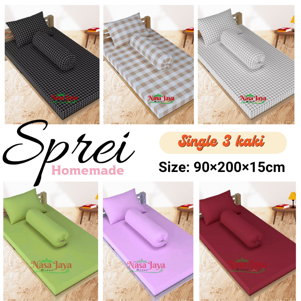 Jual Sprei Single Set 3kaki 90x200x15cm Kotak dan Polos Sudut Karet ...