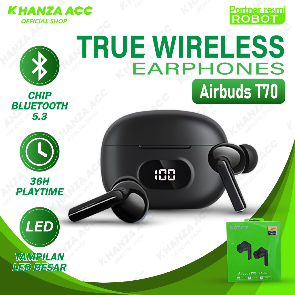 Jual KHANZAACC ROBOT T70 Airbuds Headset TWS Bluetooth Earbuds Wireless ...