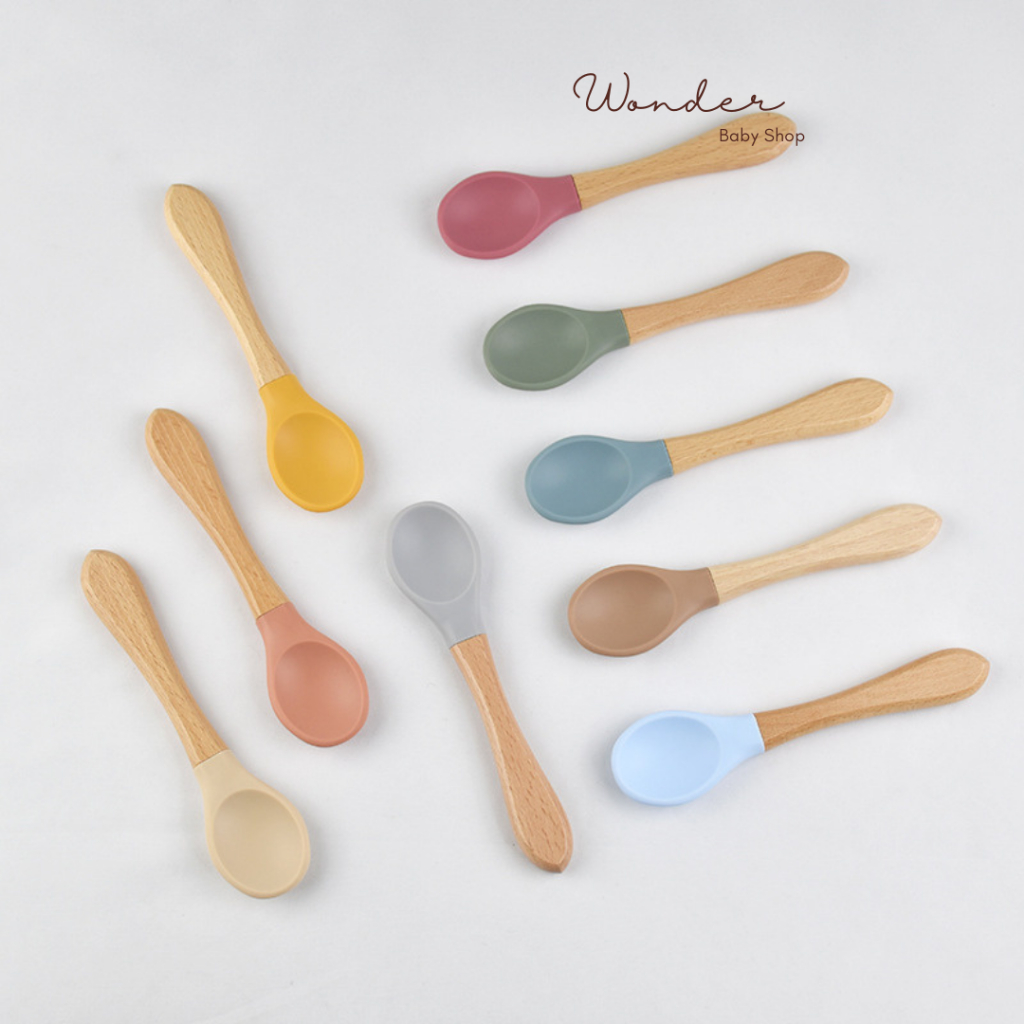 Jual WNDR Sendok Mpasi Bayi Bahan Silikon dengan Gagang Kayu Food Grade ...