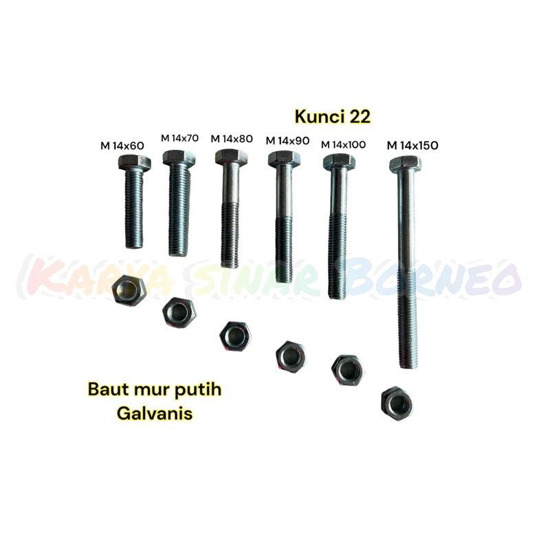 Jual Baut mur putih galvanis M14 x 60,70,80,90,100,150 ( kunci 22 ) | Shopee Indonesia
