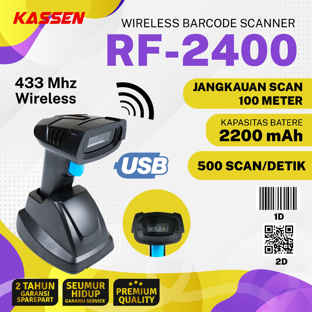 Jual SCANNER BARCODE WIRELESS KASSEN RF-2400 | Shopee Indonesia