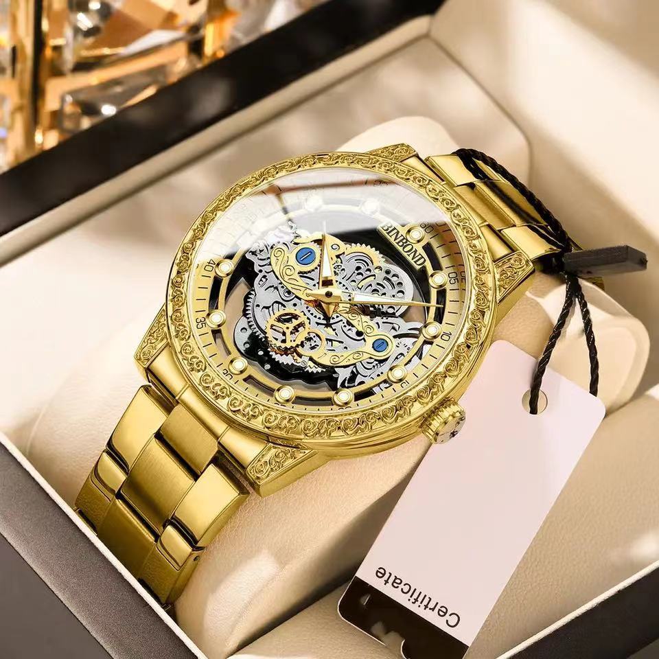Jual BINBOND Original Men's Double Hollow Fashion Stainless Steel Luxury Waterproof Gold ...