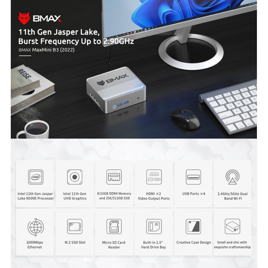 Jual Mini PC BMAX B3 Intel Quadcore JasperLake N5095 16/512GB SSD DUAL ...