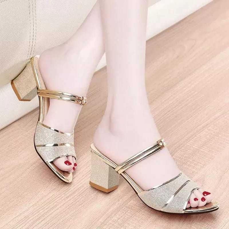 Jual High heels 5cm wanita Selop Tali silang gliter AN 08 | Shopee ...
