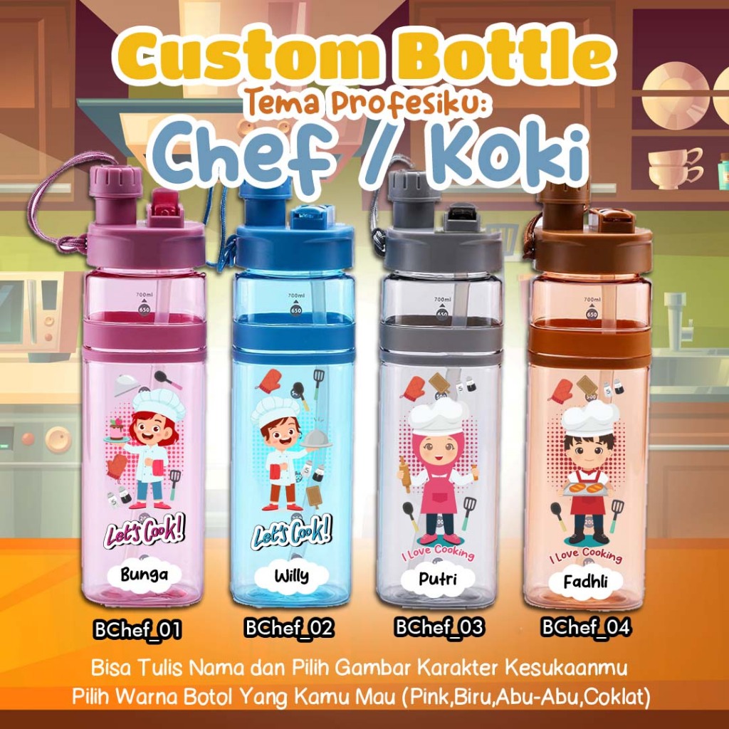 Jual BOTOL MINUM CUSTOM 2 IN 1 DESAIN KARTUN PROFESI PROFESIKU CITA-CITA CHEF KOKI kode Bchef ...