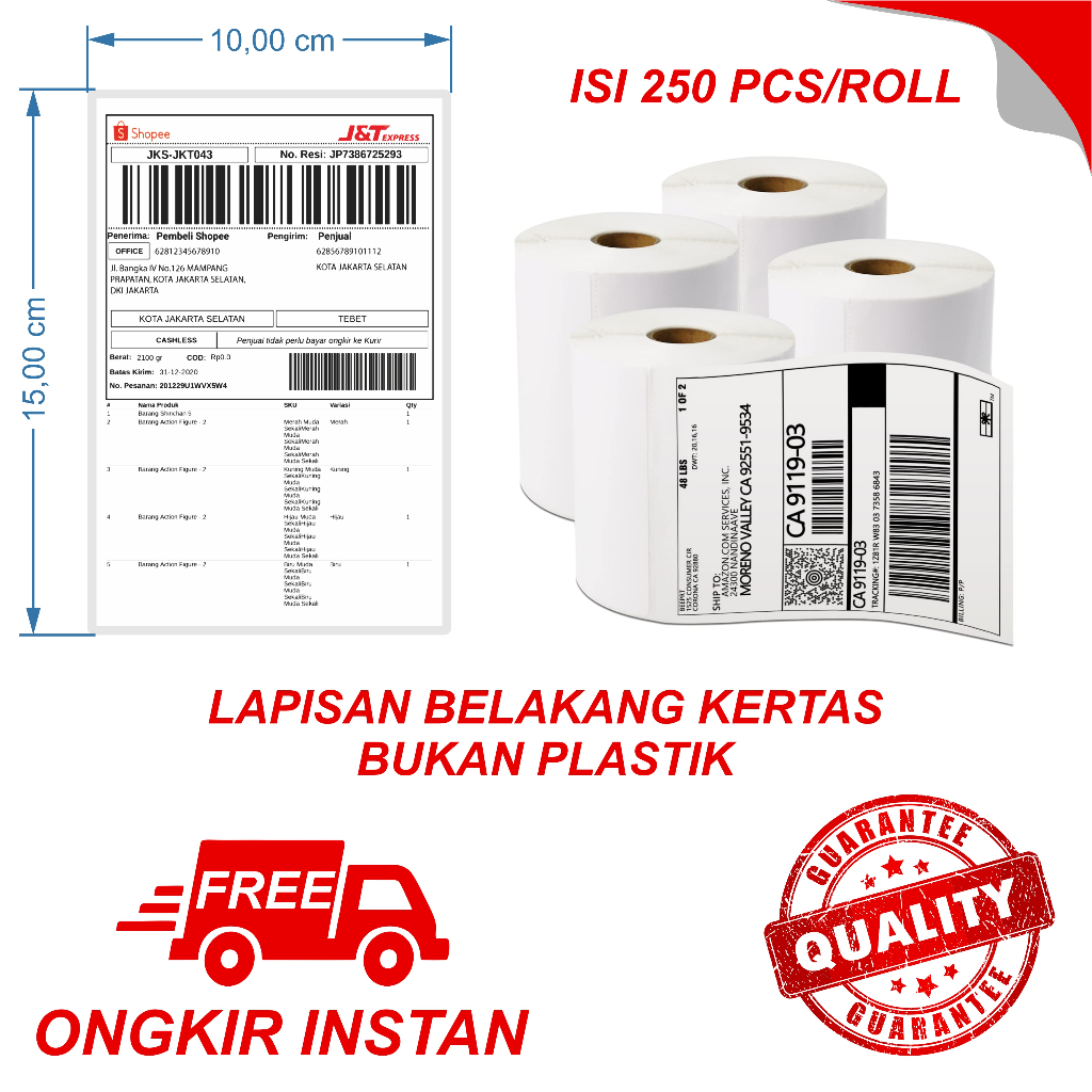 Jual Kertas Stiker Resi Pengiriman,Label Sticker Thermal Barcode 100 x 150 mm Isi 250 Pcs/Roll ...