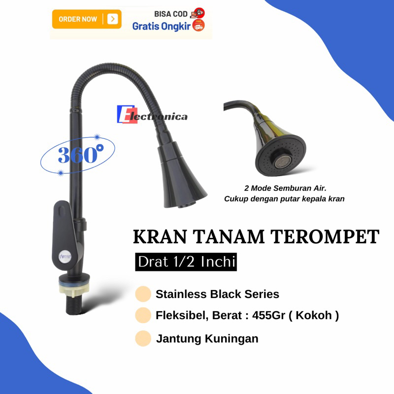 Jual KRAN ANGSA TANAM TEROMPET BLACK / KRAN SINK TANAM CUCI PIRING ...