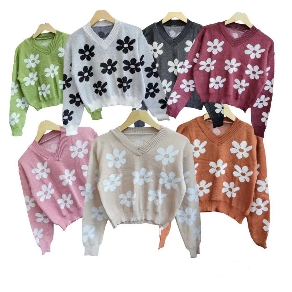 Jual Sweater Crop Rajut Bunga Premium/Switer blouse rajut | Shopee ...