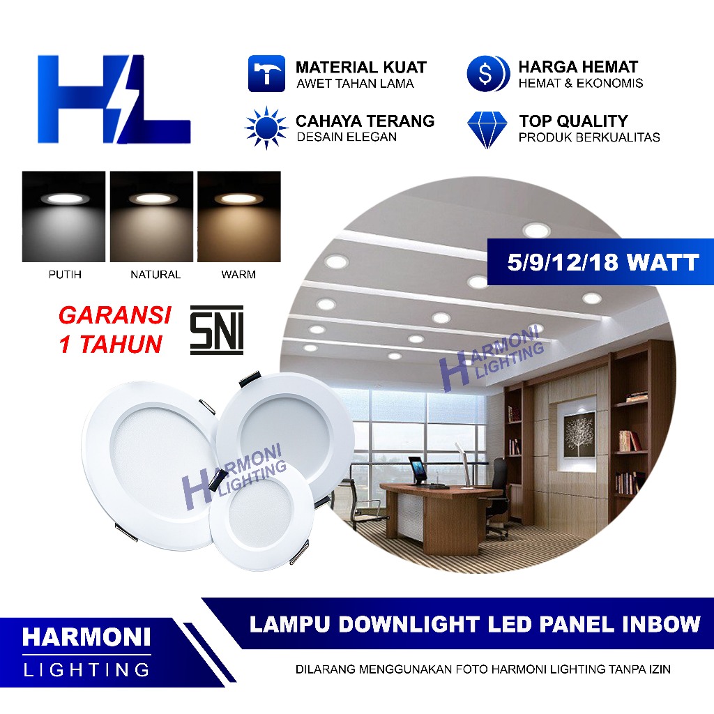 Jual Lampu Downlight LED 5W 9W 12W 18W - Panel Inbow Plafon Garansi 1 ...