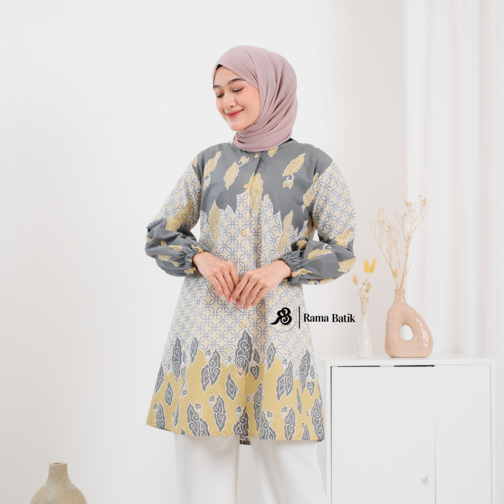 Jual Tunik Batik Wanita Modern Tunik Kancing Lengan Balon Warna Soft ...