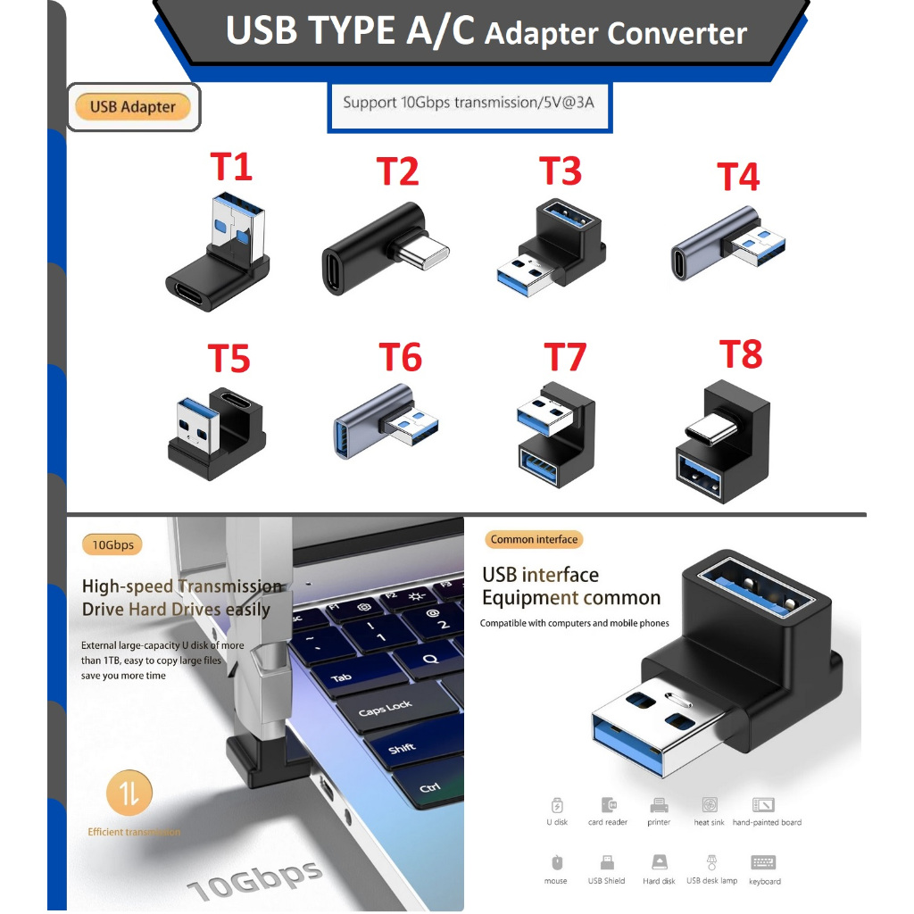 Jual USB ADAPTER CONVERTER 10Gbps 5V 3A Type A/C Male Female Elbow Siku ...