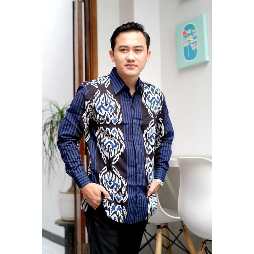 Jual ATASAN KERJA KEMEJA BATIK CAP TRADISIONAL MOTIF TENUN NAVY KATUN ...