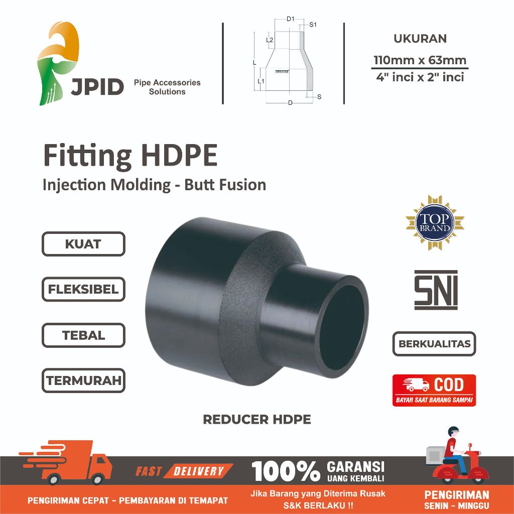 Jual Fitting Pipa HDPE Injection Reducer PN 16 Uk 110mm x 63mm atau 4 ...