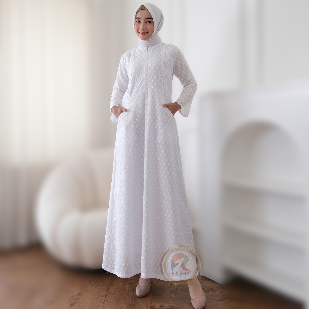 Jual Raisma - Gamis Putih Muslimah Katun Jepang Motif Polkadot Busana ...