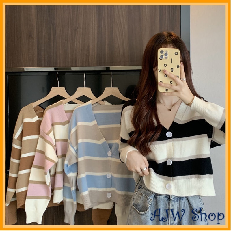 Jual AJW Cardigan Crop Rajut Korean Style WAK | Cardigan Stripe Wanita Kekinian Rajut Import ...