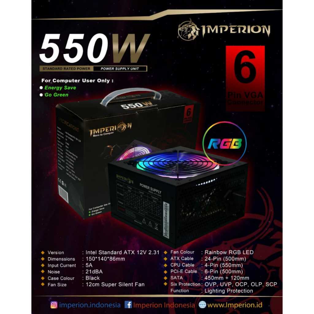 Jual Power Supply Imperion 550w LED RGB 6 PIN Power Supply Gaming PSU ...