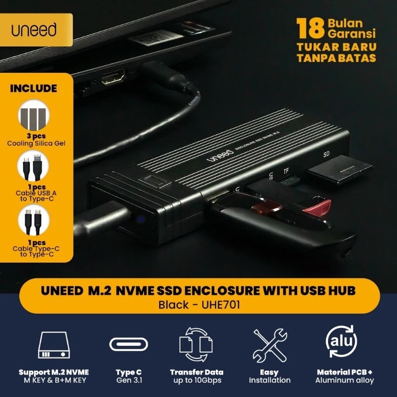 Jual UNEED Enclosure Casing SSD External M.2 NVME USB C 3.1 type UHE701 | Shopee Indonesia