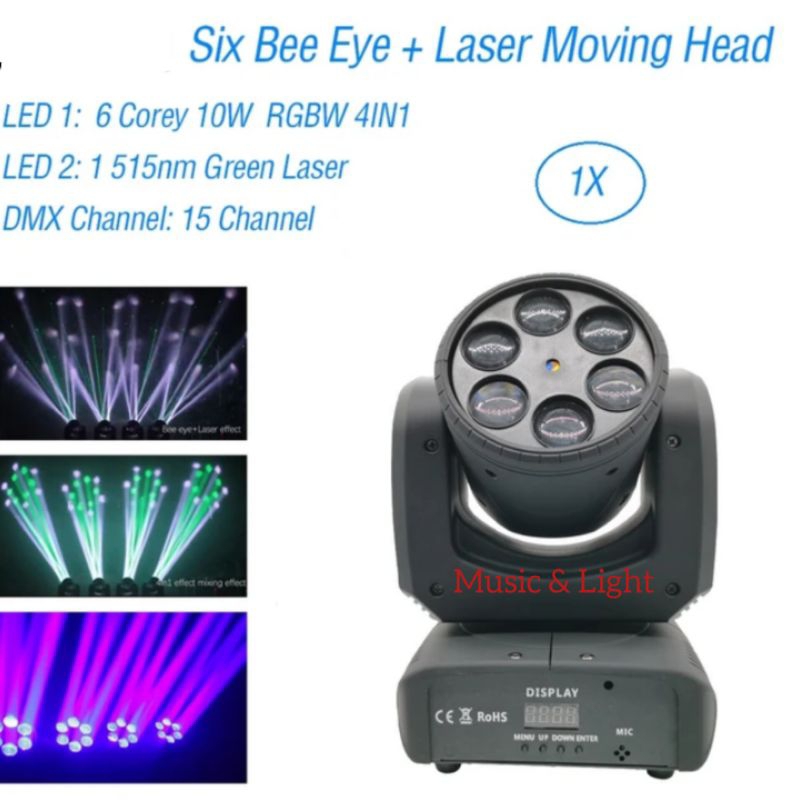 Jual Moving Six Bee Eye + Laser 4IN1 RGBW 6 LED x 10watt Redsun Original head plus laser lampu ...