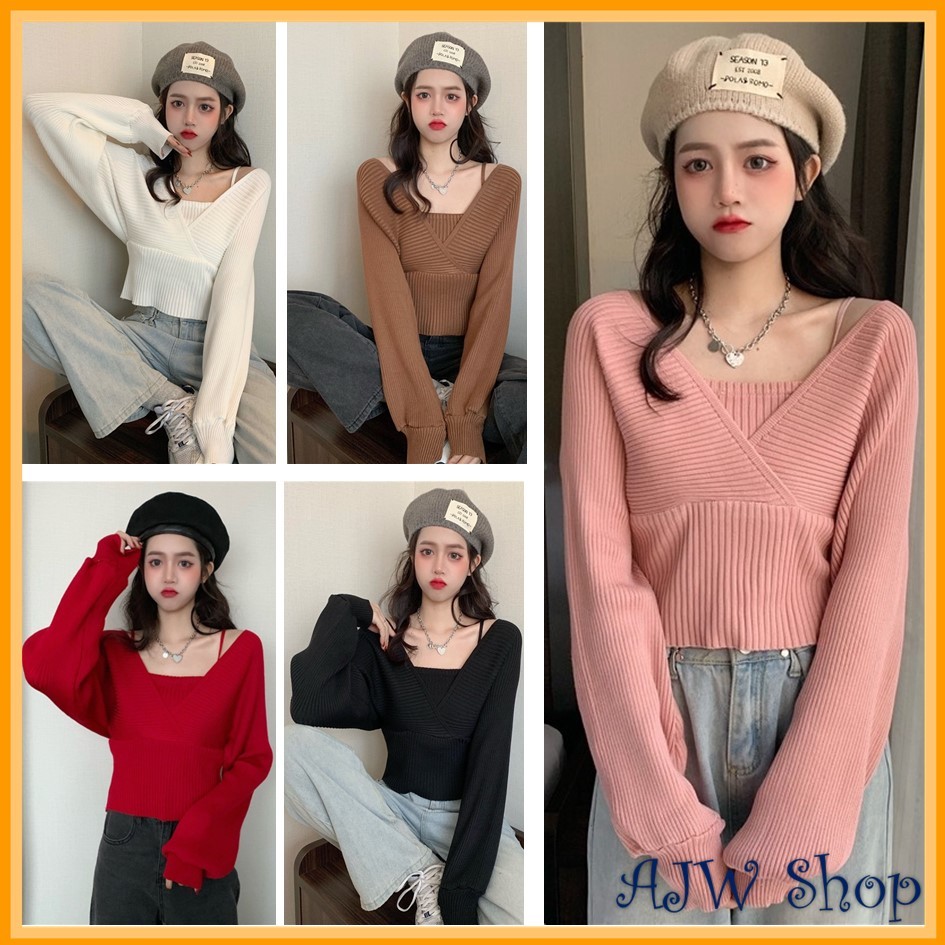 Jual AJW Atasan Wanita Rajut Lengan Panjang Korean Style Kekinian Import Premium XG | Kaos ...