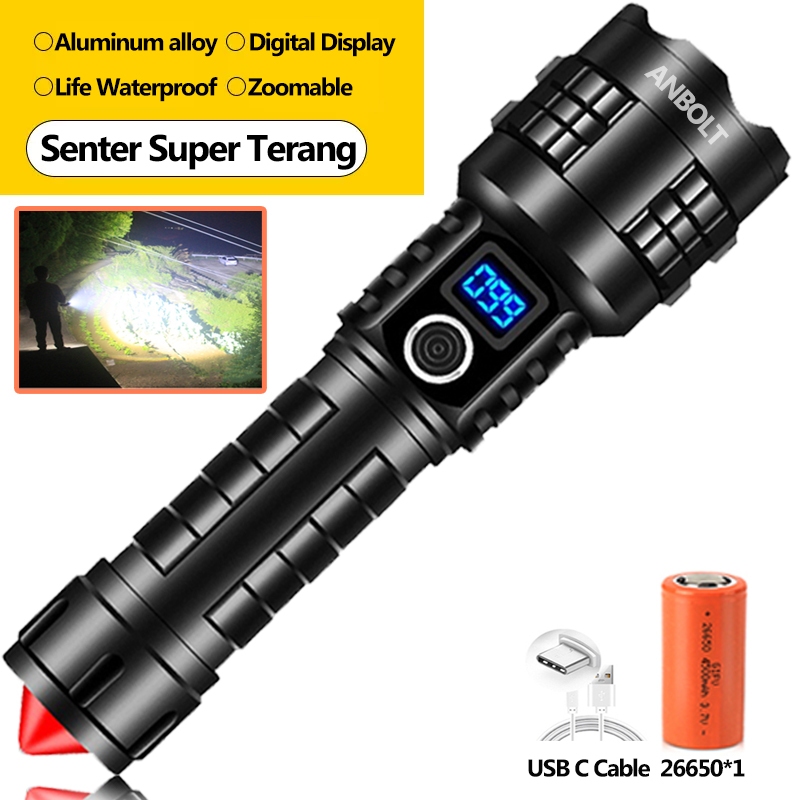 Jual Anbolt Senter LED Super Terang Jarak Jauh 90000 lumens Zoomable Senter Tahan Lama Anti Air ...