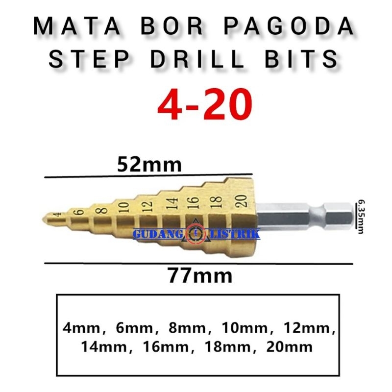 Jual HSS Titanium Step Drill Bits 4-20mm Mata Bor Pagoda Multi Size ...