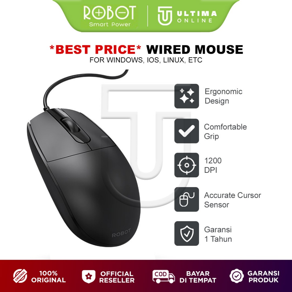Jual ROBOT Wired Optical Mouse M102 Mouse USB Kabel 1200DPI Ergonomis ...