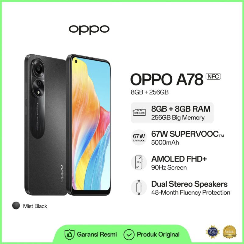 Jual OPPO A78 NFC RAM 8/256GB BLACK [ 8GB + 8GB RAM EXPANSION , 500Ah SUPERVOOC 67W , AMOLED ...