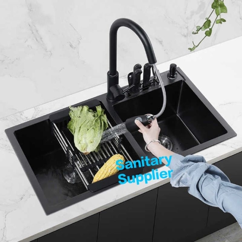 Jual KITCHEN SINK 8245 ICHSAN BLACK FULLSET LENGKAP KRAN TARIK/KRAN ...