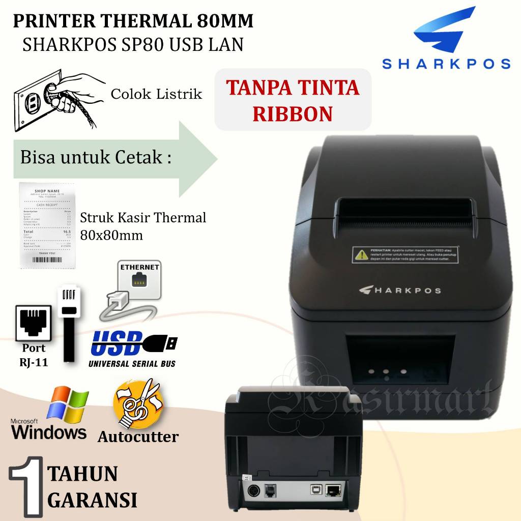 Jual Printer Dapur Sharkpos SP80 LAN 80mm Auto Cutter Support RJ11 ...