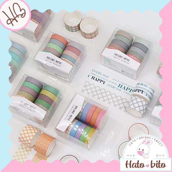 Jual 1 set isi 10 pcs washi tape share mine motif warna warni pastel ...