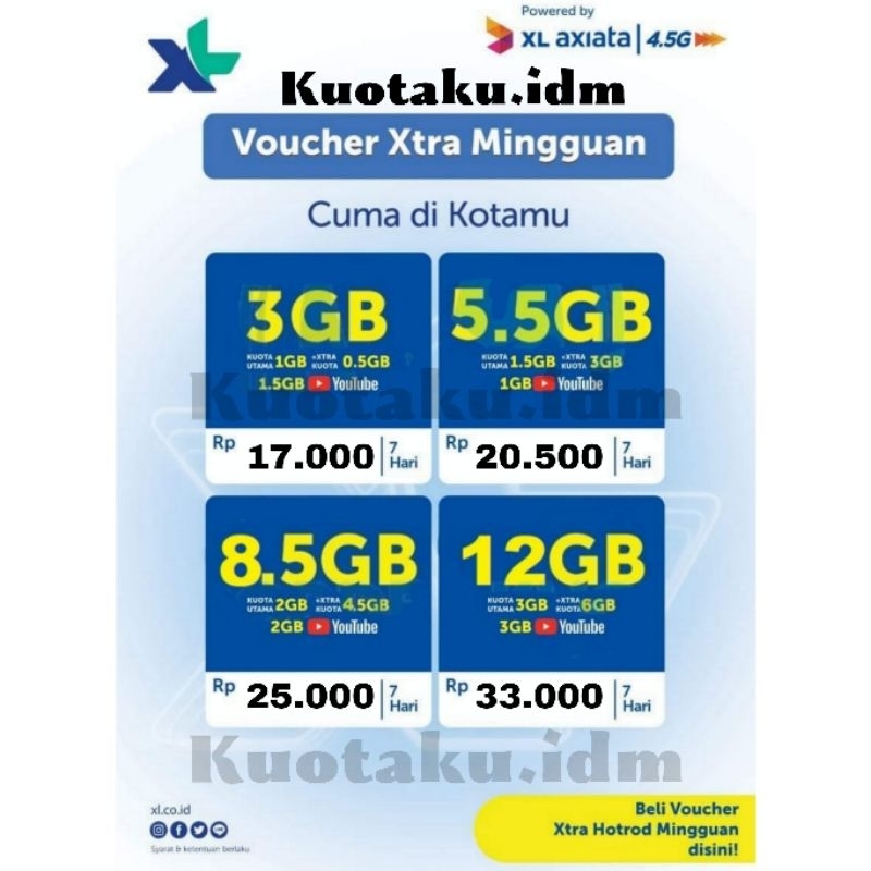 Jual VOUCHER KUOTA XL HOTROD MINGGUAN 2GB 3,5GB 5,5GB 9GB ISI ULANG KUOTA XL. KIRIM VIA CHAT ...