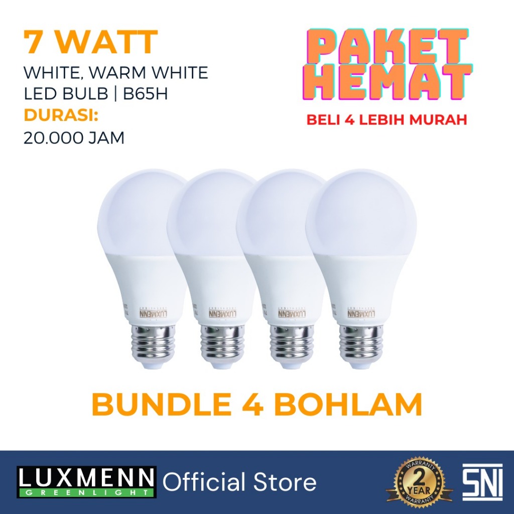 Jual Luxmenn LED Paket Hemat Bohlam, Bundle 4pcs, B65H 7 W Kuning ...