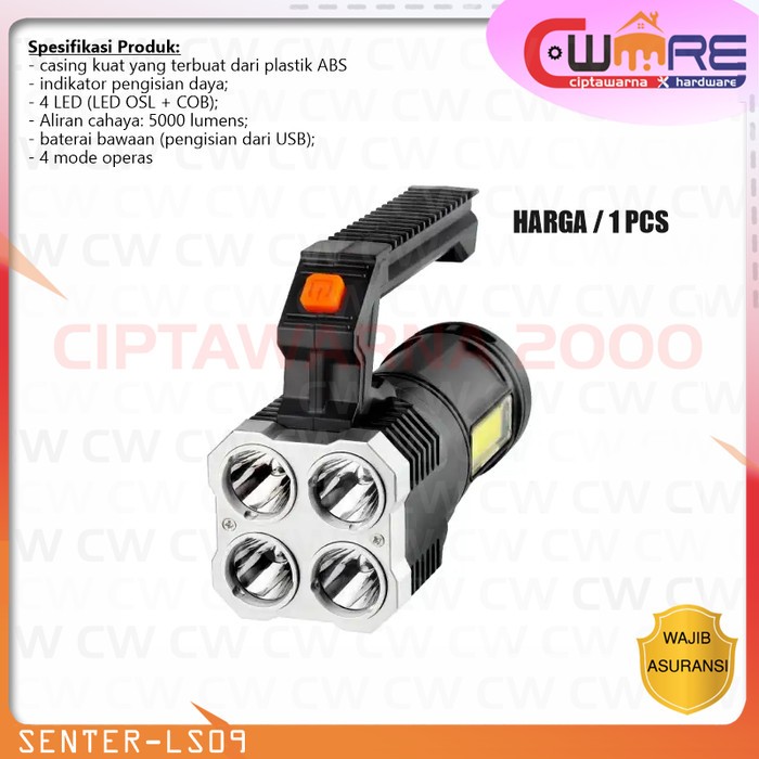 Jual Senter 4 Led Cob Light Super Terang Flash Rechargeable - Cw2 ...