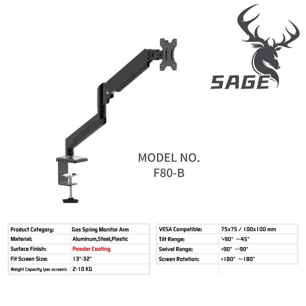Jual SAGE F80 Bracket breket TV Monitor LED LCD Gas Spring ARM Tilt ...
