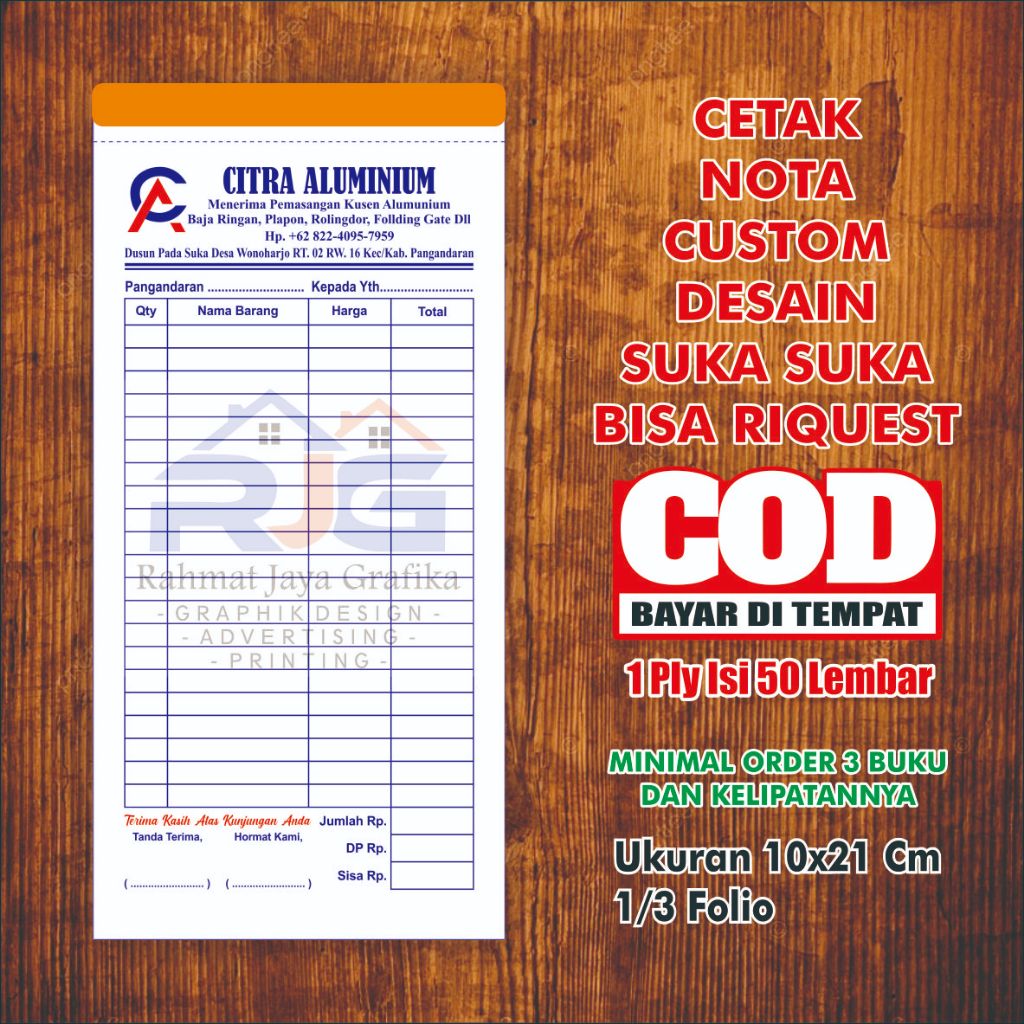 Jual Cetak Nota Custom Nama Sendiri 1ply Isi 50 Lembar Min. Order 3 ...